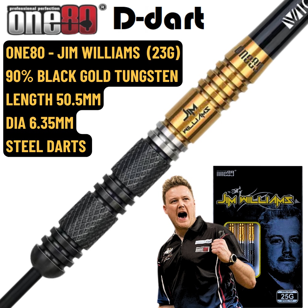 ONE80 STEEL TIP DART - 23G JIM WILLIAMS BLACK GOLD 90% VHD TUNGSTEN ...