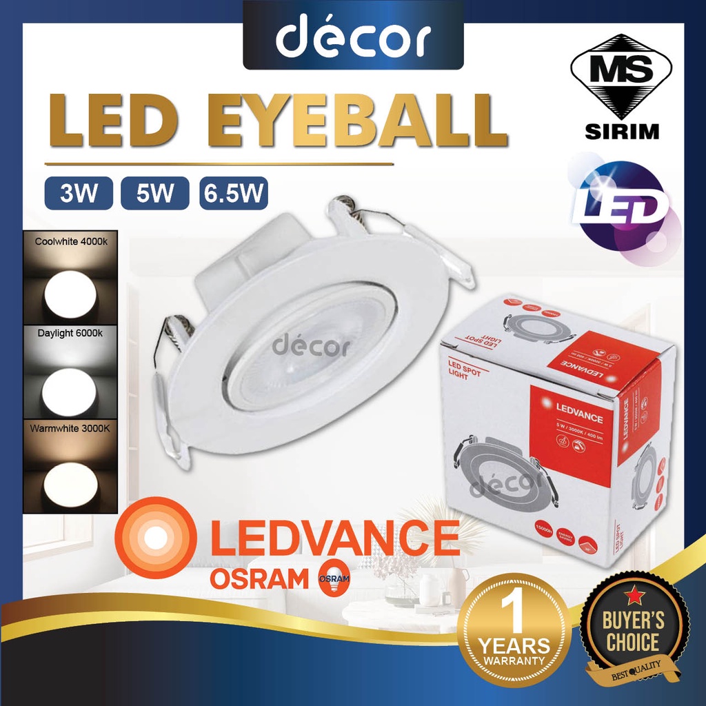 OSRAM Ledvance LED Eyeball 3W 5W 6.5W Recess Spotlight Home Lighting ...