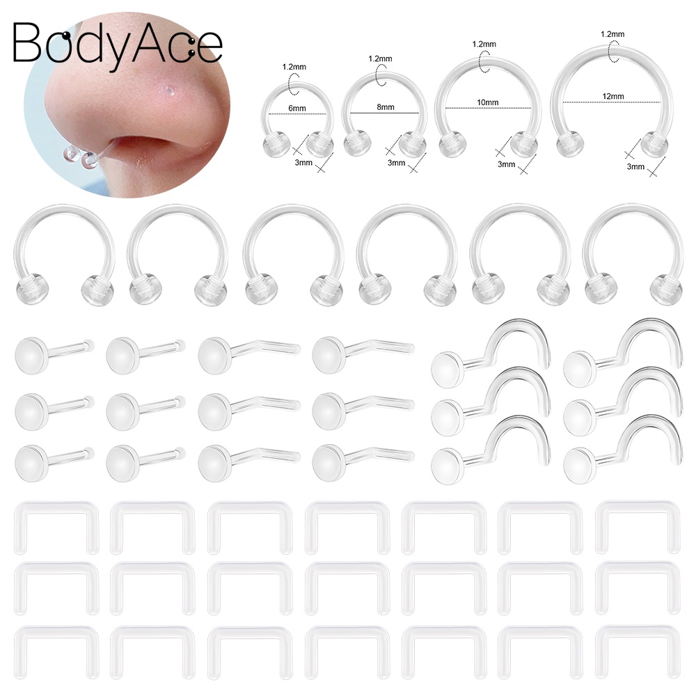 Bodyace 5-50pcs Prevent Allergy Clear Acrylic Nose Piercing Invisible ...