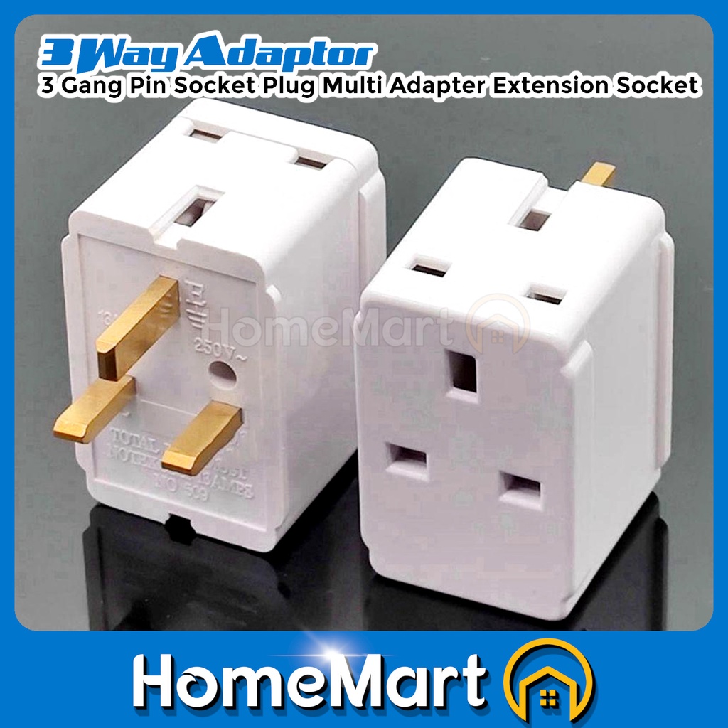 Me 3 Way Adaptor 3 Gang Pin Socket Plug Multi Adapter Extension Socket