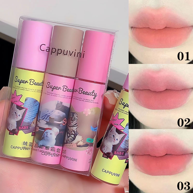 Cappuvini 3 PCS/SET Cute Cat Lip Mud Milk Cake Lip Cream Lip Glaze ...