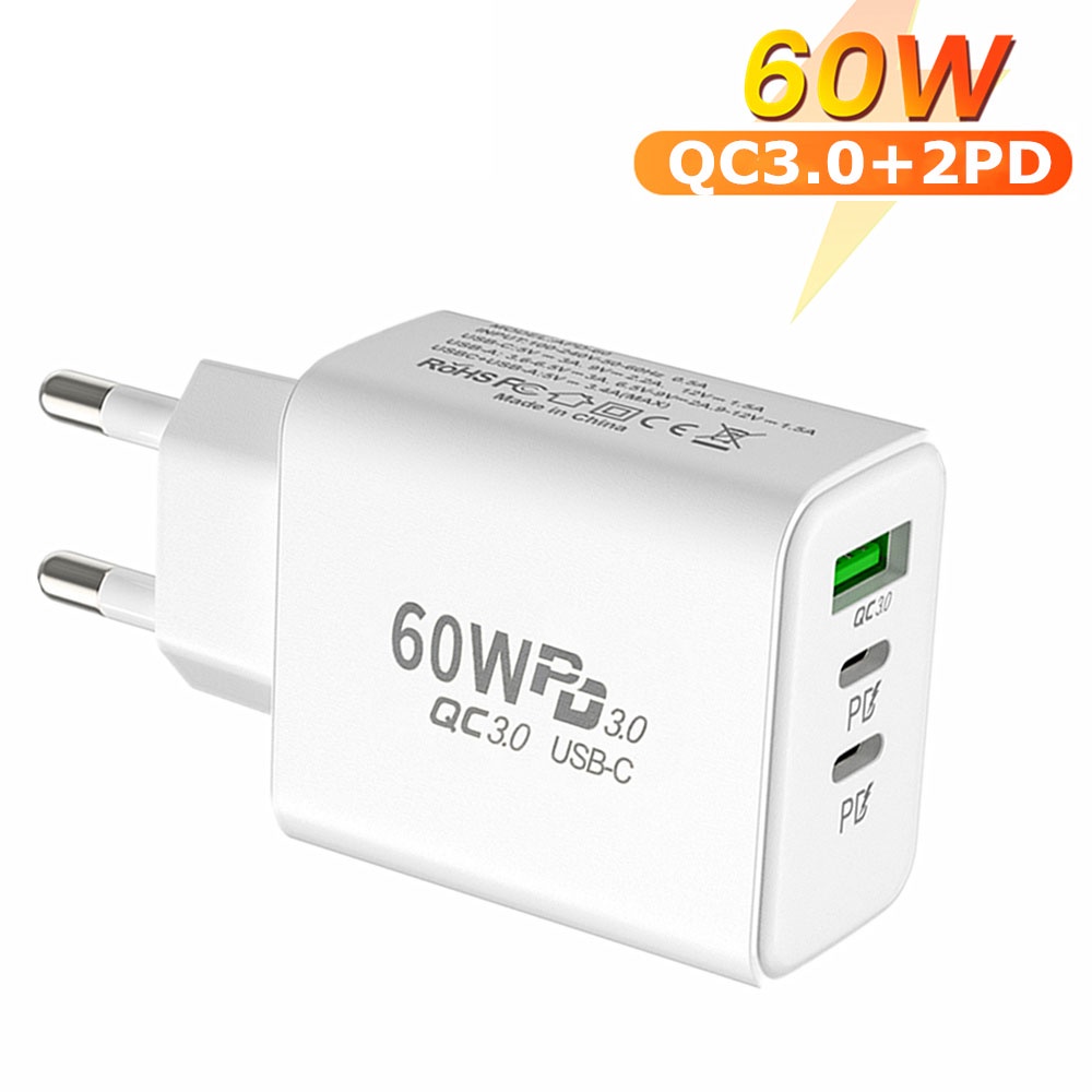 60W Fast Charger USB C 3 Port Type C PD QC 3.0 Chargers CellPhone Wall ...