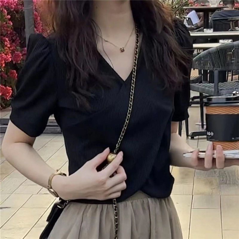 Girlish Style Cross V-neck Design Blouse Summer New Elegant Slimming ...
