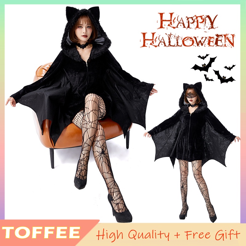 Vampire Devil Bat Costume Cosplay Black Dress For Woman Cloak Halloween ...