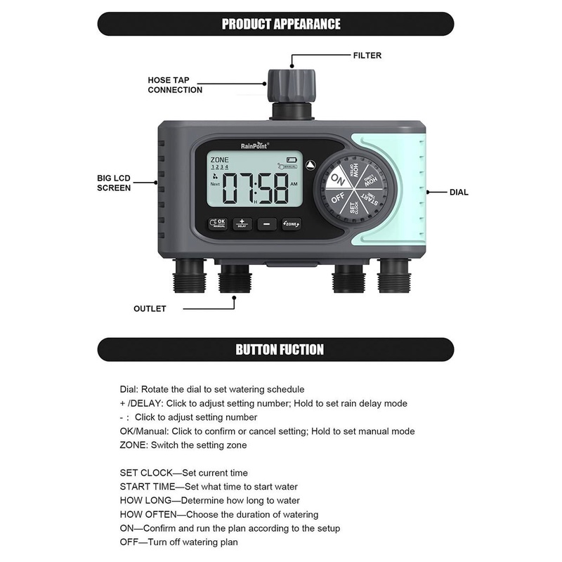 4 Zones Water Timer, Garden Hose Timer With Rain Delay, Manual Watering ...