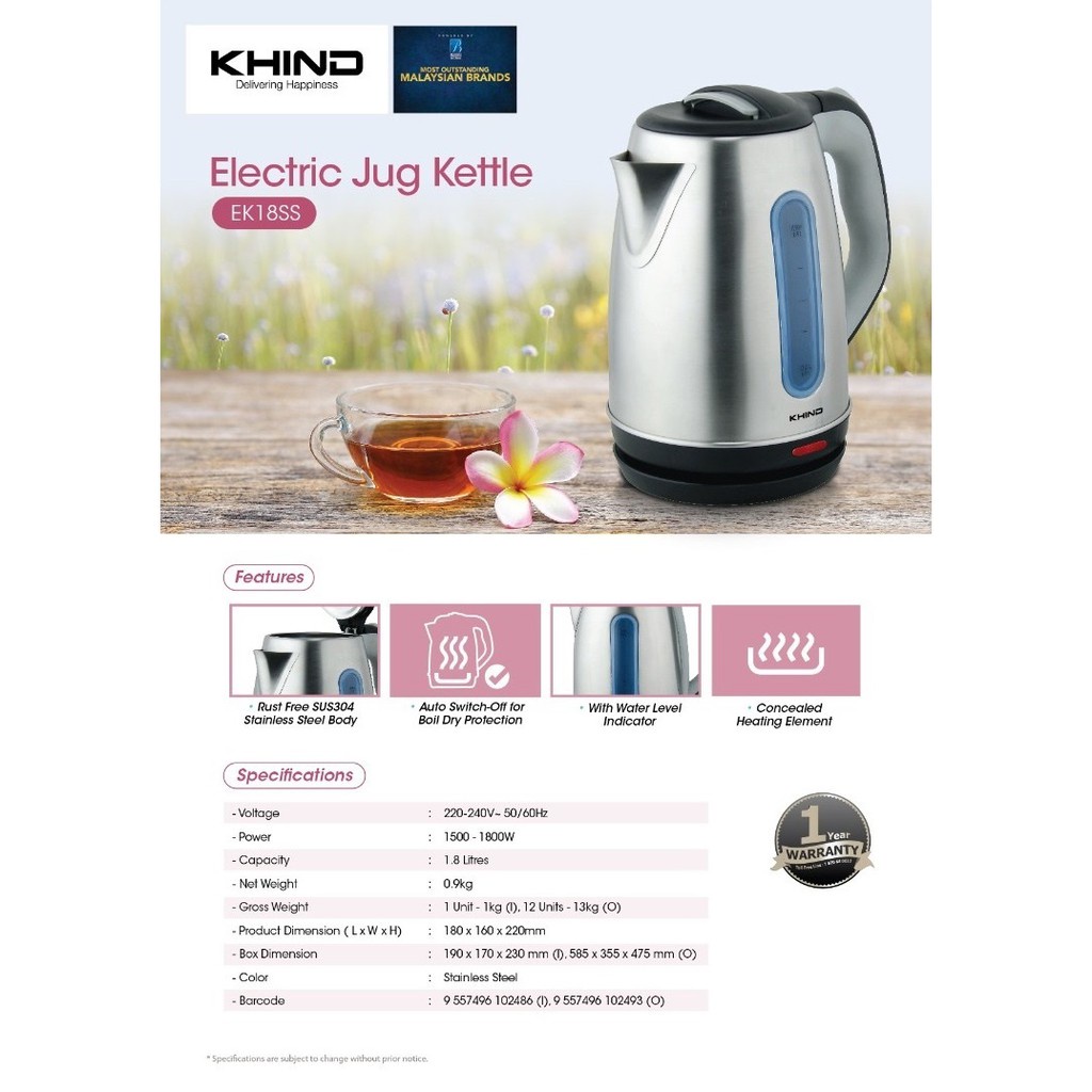KHIND 1.8L STAINLESS STEEL JUG KETTLE EK18SS/Cordless Electric Jug ...