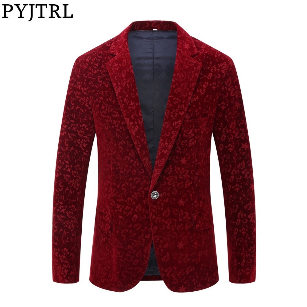 Men Suit Singer Stage Performance Costume Wine Red Velvet Floral ...