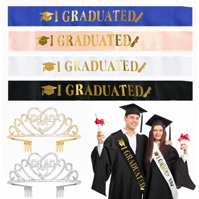 I Graduated Satin Sash Rose Gold Silver Crystal Crown Tiara Graduation ...