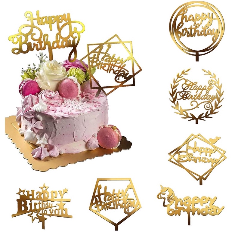Ready Stock Gold Glitter Cake Topper Double-Sided Acrylic Happy ...
