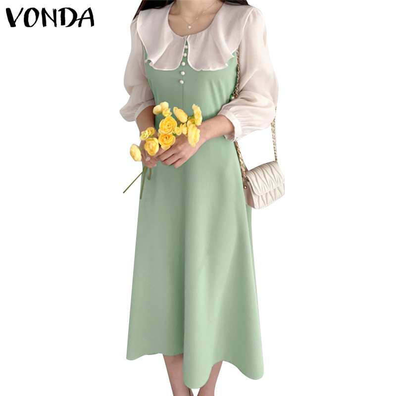 VONDA Women Korean Lapel Long Sleeves A Line Solid Color Midi Dresses ...