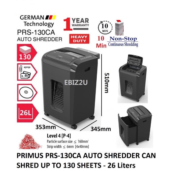 PRIMUS PRS-130CA AUTO SHREDDER CAN SHRED UP TO 130 SHEETS - 26 Liters ...
