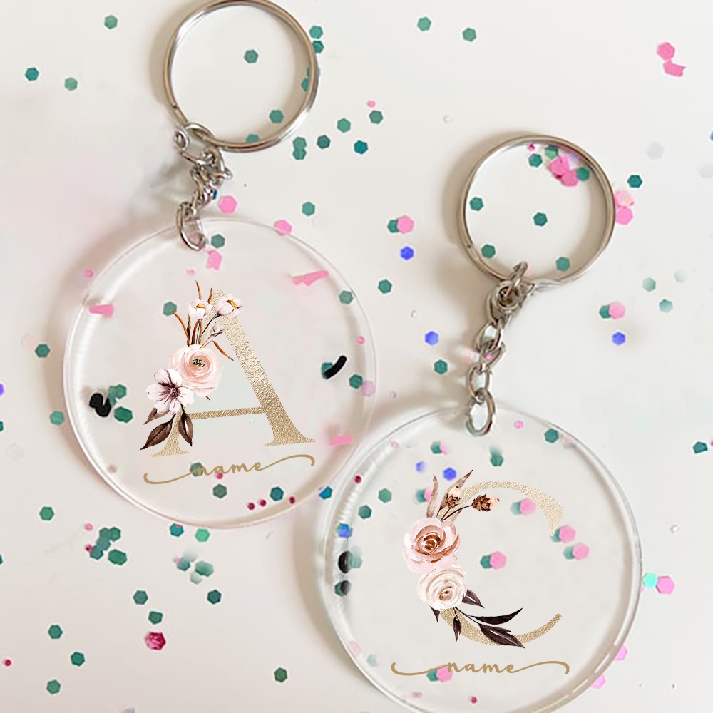 Personalized Golden Flower Print Acrylic Key Chains Custom Names ...