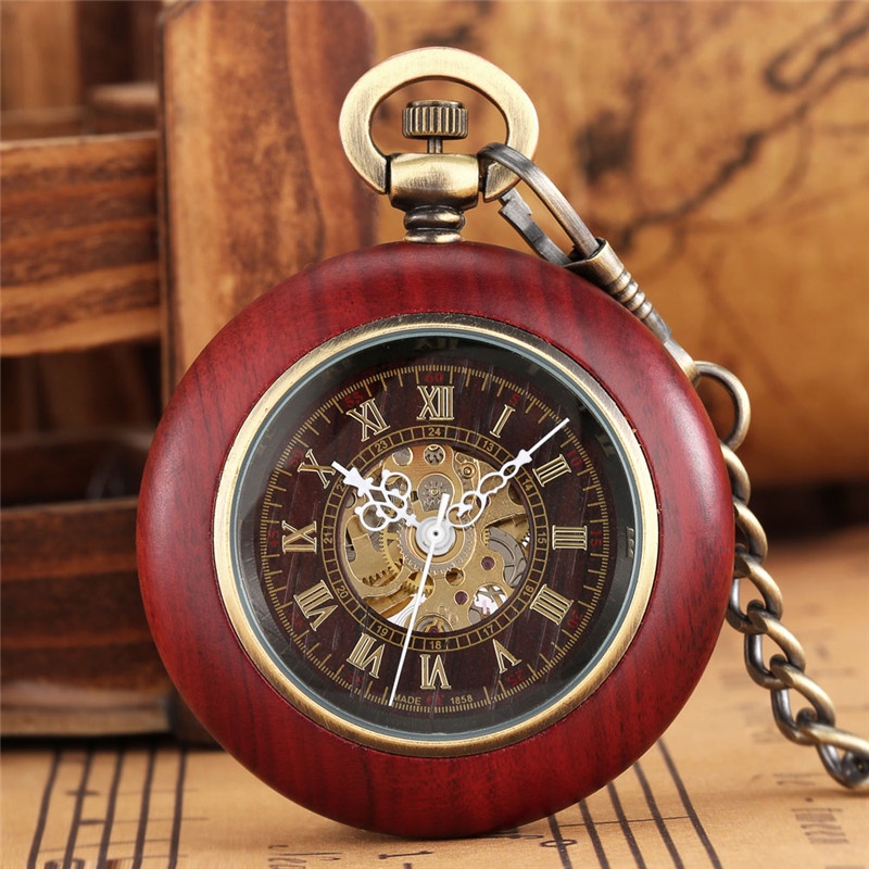 Handmade Retro Pocket Watch Unisex Skeleton Automatic Mechanical ...
