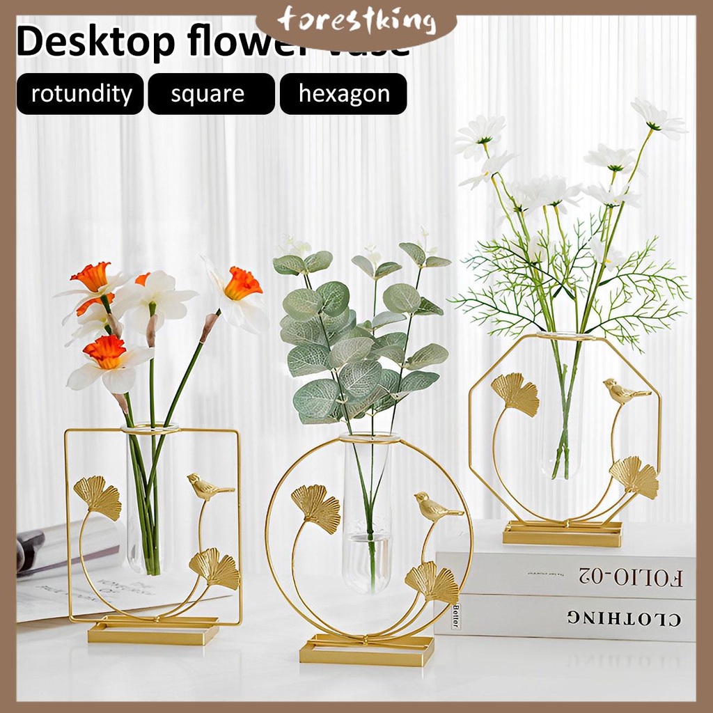 Metal Frame Tube Vase Round/Square/Hexagonal Vase Tube Glass Planter ...