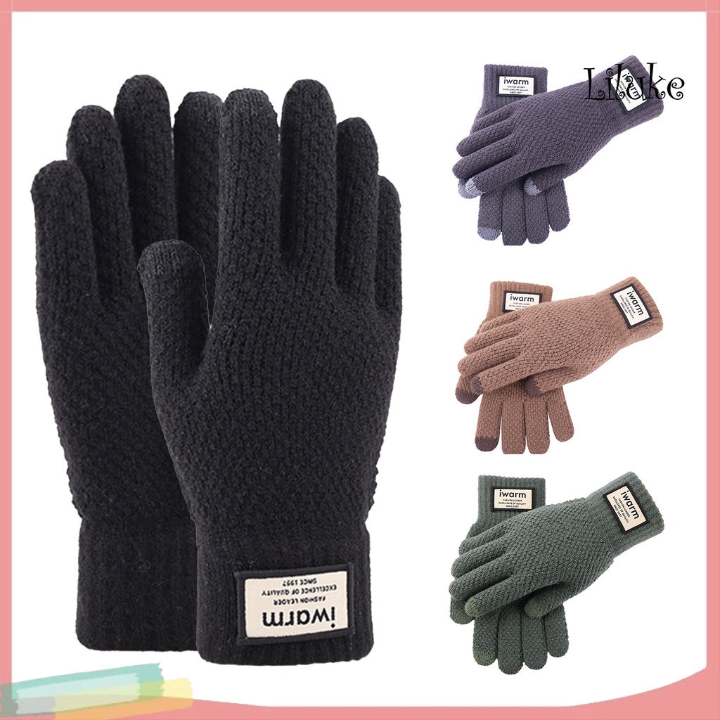 [LK] 1 Pair Men Winter Gloves Touch Screen All Fingers Knitting Solid ...