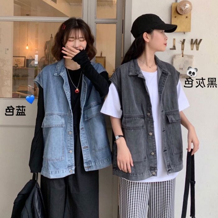 Hong Kong Denim Korean Loose Fitting Student New Bf Work Vest | Shopee ...