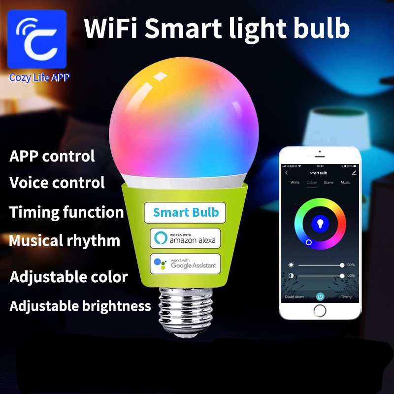 Wifi E27 Smart Light Bulb 9W LED RGB+White Light Dimmable Timer ...