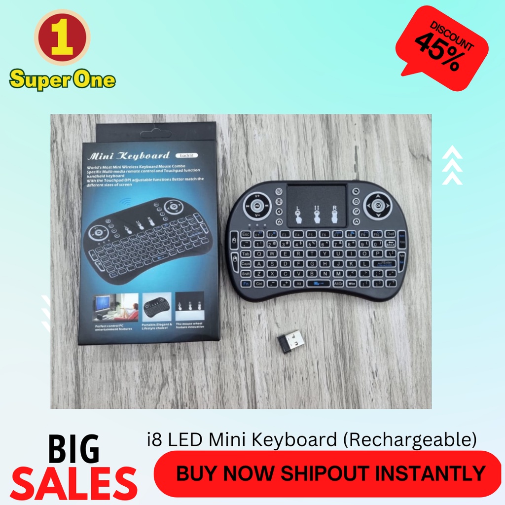 i8 LED Blacklight Mini Keyboard (Rechargeable) for PC and Android Box ...