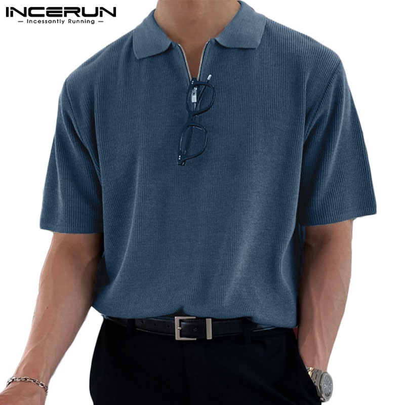 INCERUN Knitted pit zipper lapel top POLO Shirts | Shopee Malaysia