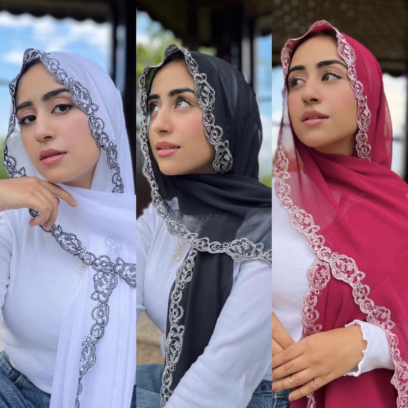 Chiffon Shawl Sulam Embroidery Premium Plain Scarf | Shopee Malaysia