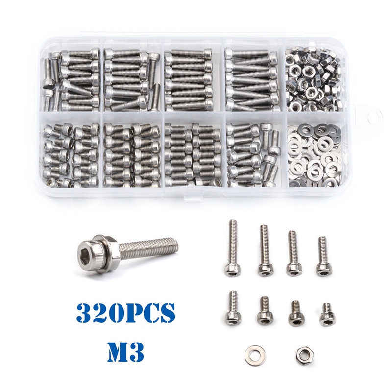 320 PCS M3 304 Stainless Steel Hexagon Hex Screws Bolt With Nuts Flat ...