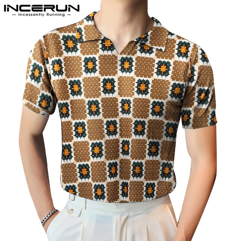 INCERUN Men's Fashion Polo Collar Window Plaid Short Sleeve Shirt POLO ...