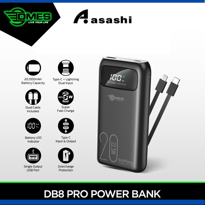 DMES DB8 Pro 22.5W PD QC3.0 20000mAh Fast Charging Powerbank / Built In Cable / Lightning Cable ...