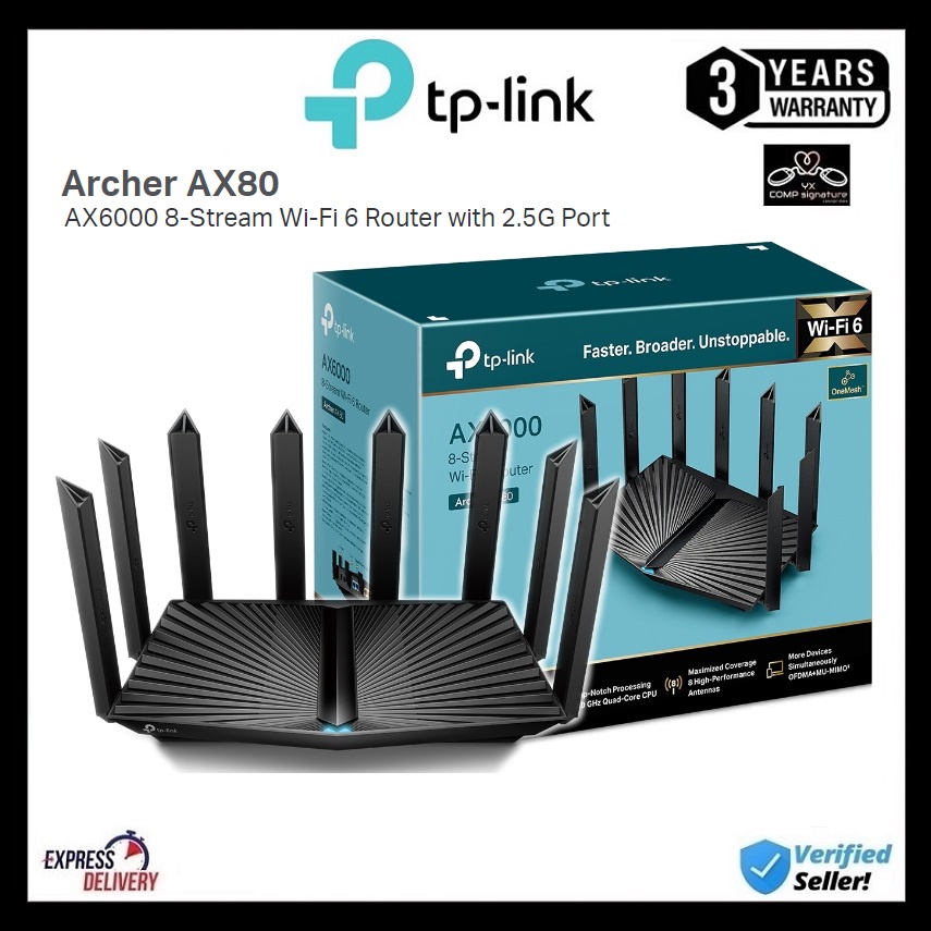 TP-Link Archer AX80 AX6000 8-Stream WiFi 6 Wireless Router with 2.5G Port AX Mesh OneMesh MU ...
