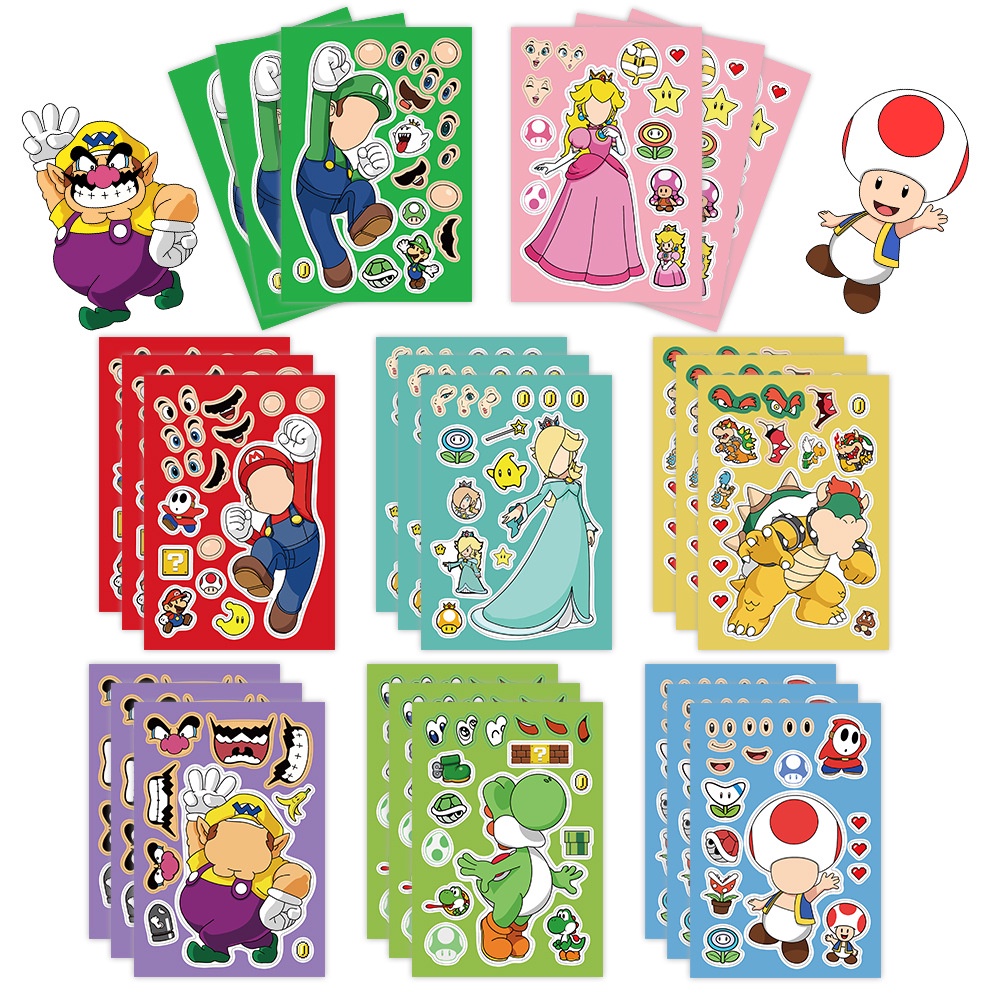8 Sheets Cartoon Super Mario Make A Face Toy Puzzle Sticker For Luggage ...