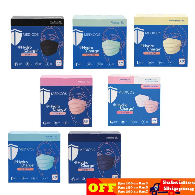 MEDICOS Slim Fit HydroCharge 4 ply Surgical Face Mask (50PCS) | Shopee ...
