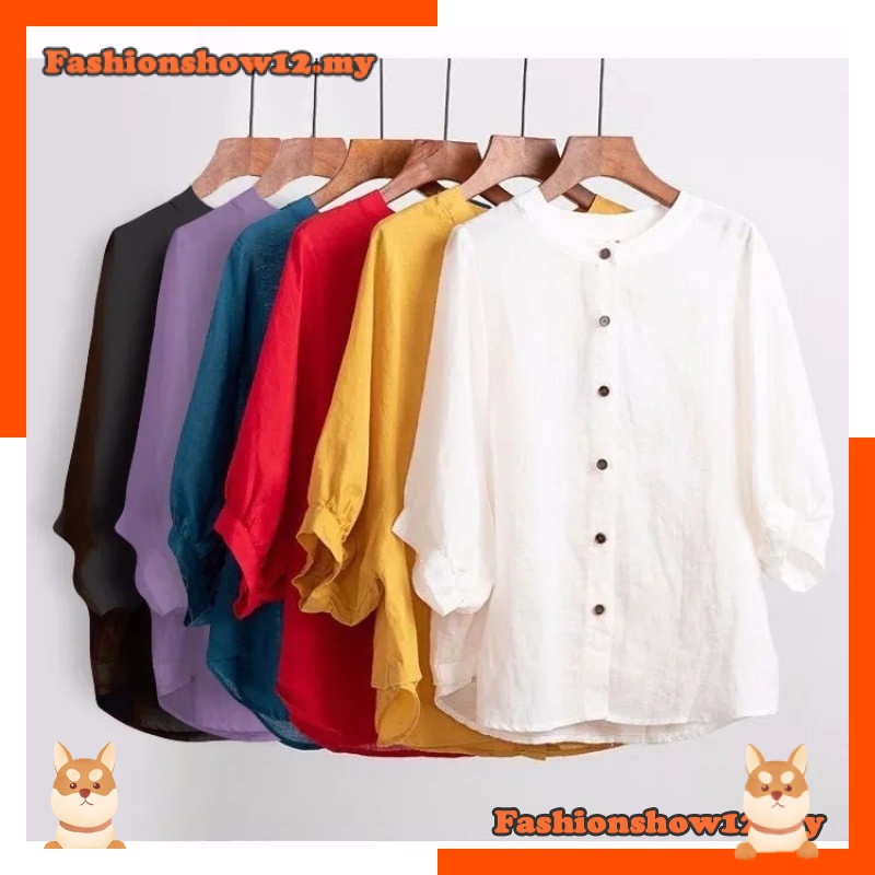 Korean Style Cotton & Linen Blouse Women Casual Lantern Mid Sleeve ...