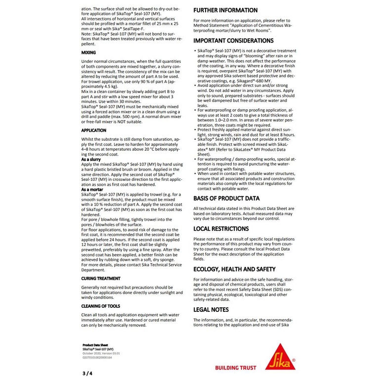 Sika Top Seal 107 Cement Based Waterproof System Seal Crack Anti ...