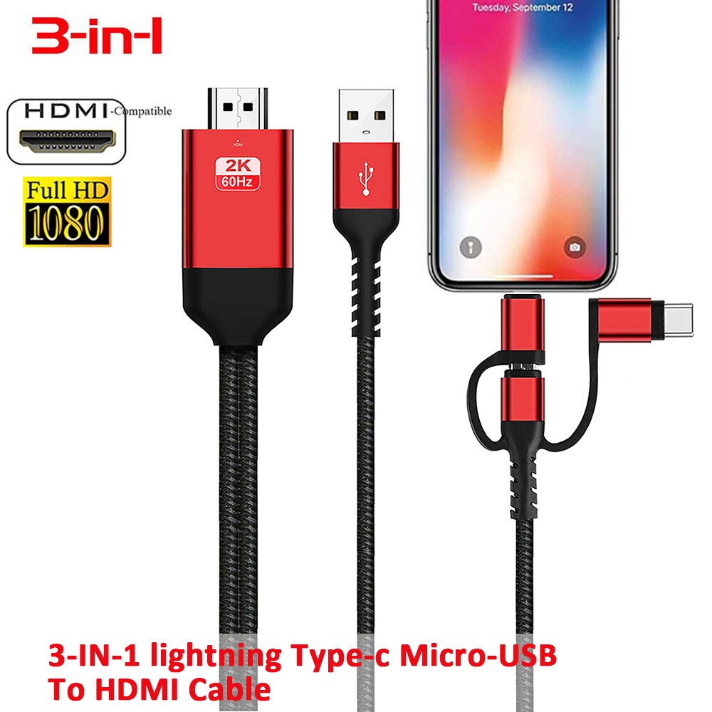 3 in 1 HDMI Cable Adapter USB C/Lightning/Micro USB MHL to HDMI Mirroring Phone to TV/Projector ...