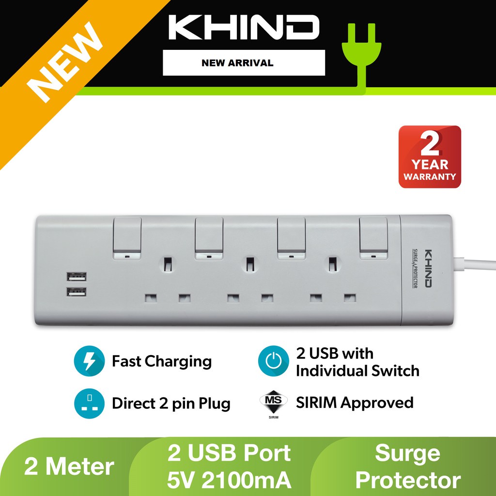 KHIND USB TRAILING SOCKET LN8354U / LN8355U with Surge Protector/KHIND ...
