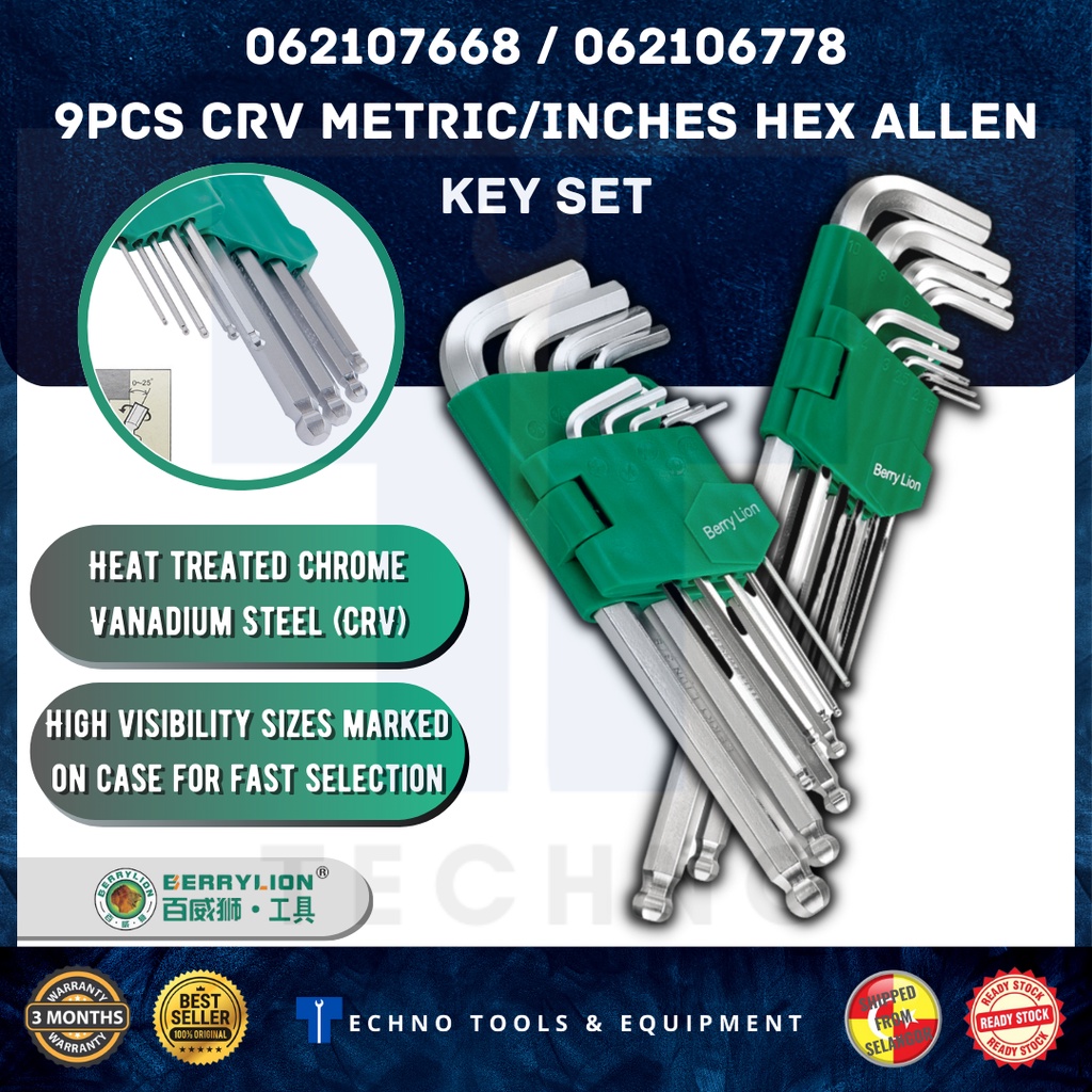 Ready Stock!! BERRYLION CrV Heavy Duty 9pcs (1.5mm-10mm / 1/16"- 3/8") Hex Allen Key Set Metric ...