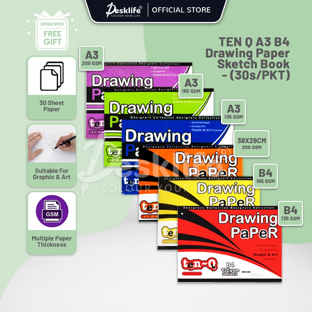 Desklife TEN Q A3 B4 Drawing Paper Sketch Book 165 200 135 gsm -(30s ...