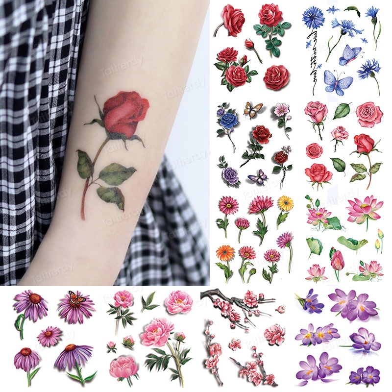Red Rose Flower Daisy Butterfly Temporary Tattoo Stickers Waterproof ...