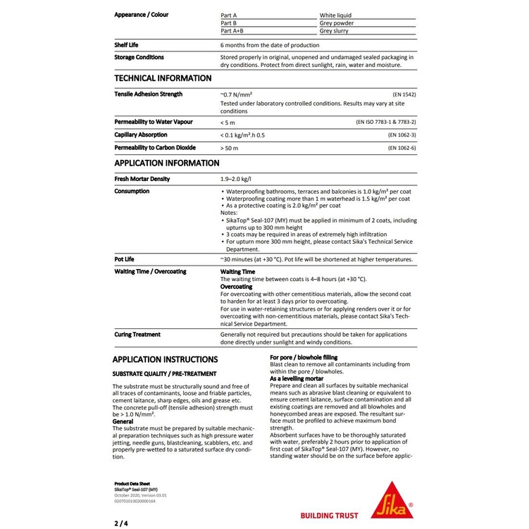 Sika Top Seal 107 Cement Based Waterproof System Seal Crack Anti ...