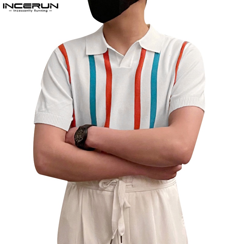 INCERUN Men's Fashion Colorful Stripe Polo Short Sleeve Shirt POLO ...