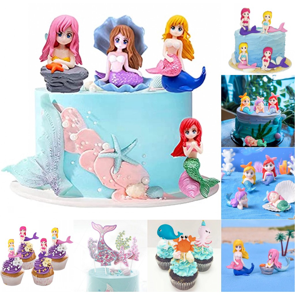 4pcs Cute Mermaid Cartoon Cake Decor Mermaid Party Decor Under The Sea ...