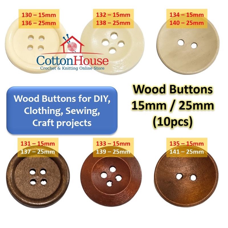 Wood buttons 15mm 25mm 10pcs A01 DIY Craft Sewing Clothing Projects ...