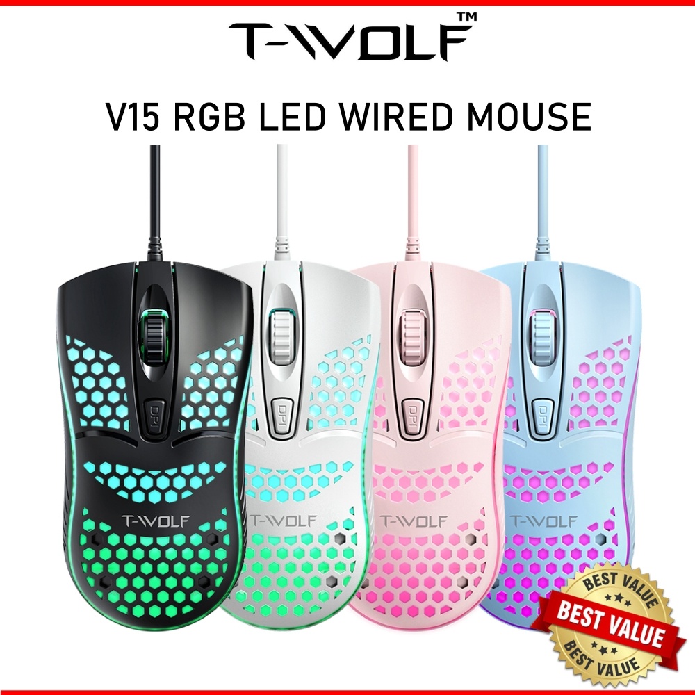 T-WOLF V15 Cool Honeycomb Light Up Mouse 3 adjustable DPI 4-color ...