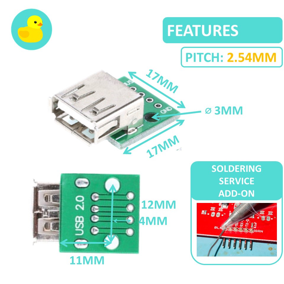 USB Type A Female Connector To Through Hole DIP Breakout Adapter Board ...