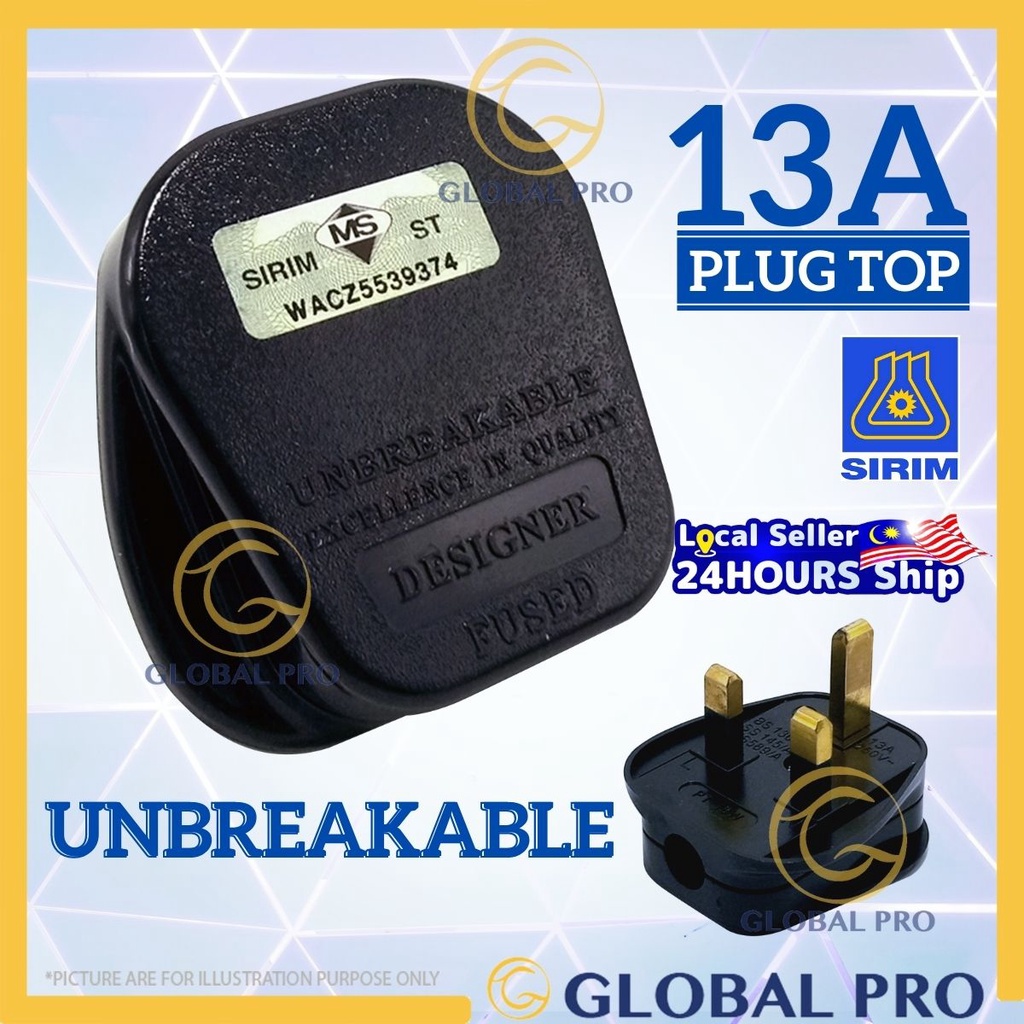 SIRIM Black 13A 3 Pin Plug Top Kepala Plug Elektrik Unbreakable UK ...