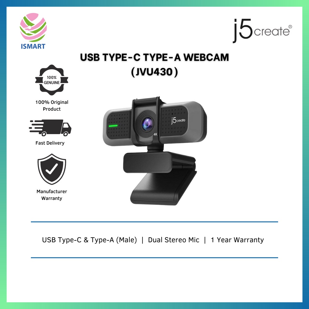 J5Create Webcam JVU430 USB Type-C Type-A 4K 8MP 60Hz Ultra HD Webcam ...
