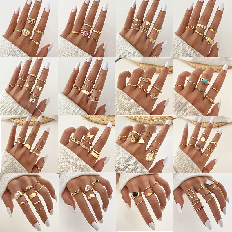 Fashion Gold Rings Sets For Women Love Pearl Butterfly Minimalist Women ...