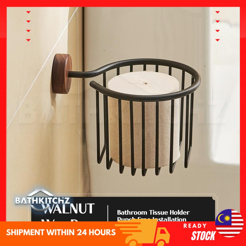 BATHKITCHZ Wooden Toilet Paper Holder Punch Free Wood Tissue Rack ...