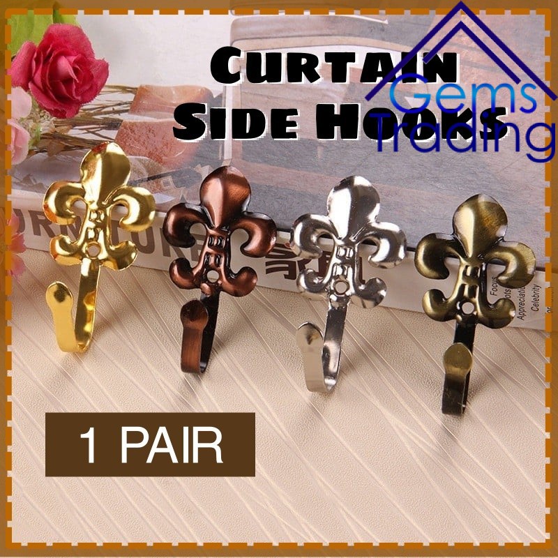 (1 PAIR) Curtain Side Hooks Tie Back Floral Design Hook Screw Mount ...