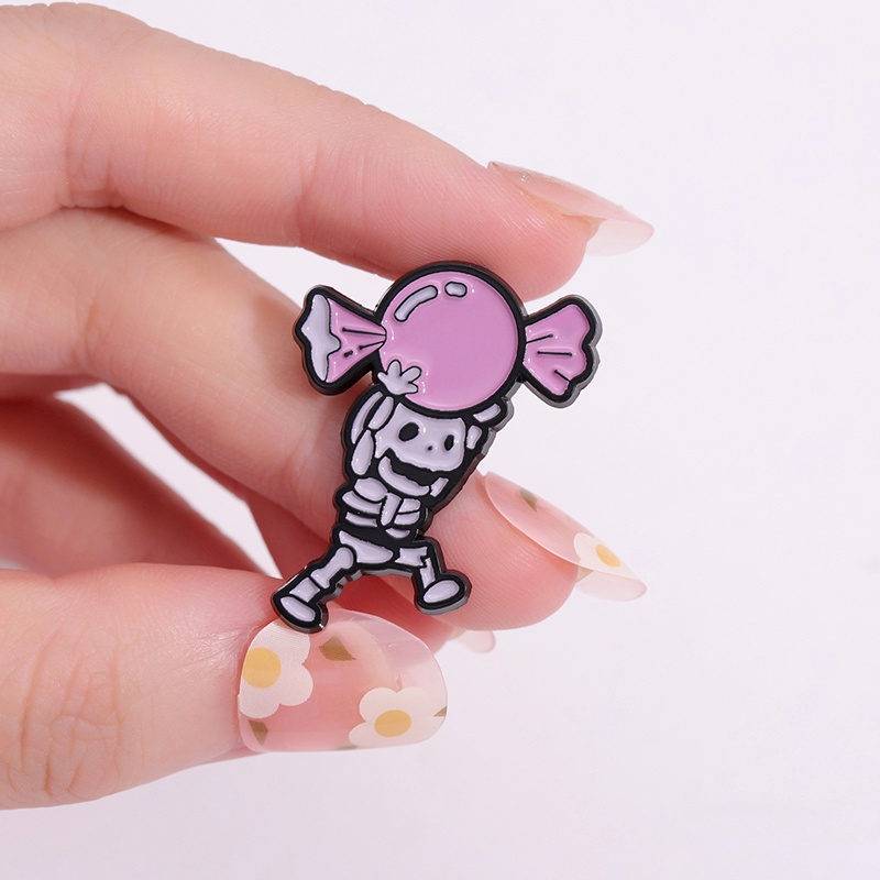 Spooky Skeleton Candy Enamel Pin Brooches Funny Cute Ghost Holding ...