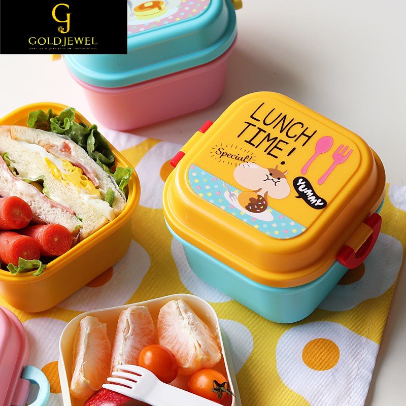 [MJ] Healthy Plastic Double Layer Lunch Box Cartoon Kids Bento Boxes ...